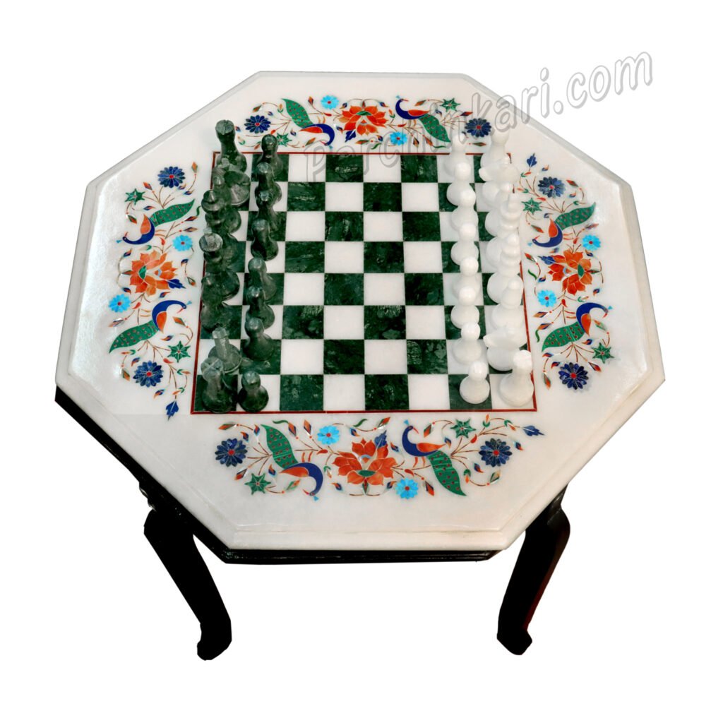 Marble Chess Tables with Flower Inlaid with Handcrafted Chess Pieces