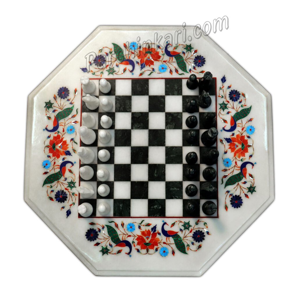 Marble Chess Tables with Flower Inlaid with Handcrafted Chess Pieces