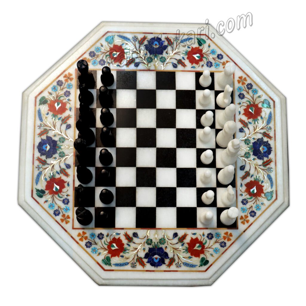 Marble Chess Tables with Flower Inlaid with Handcrafted Chess Pieces