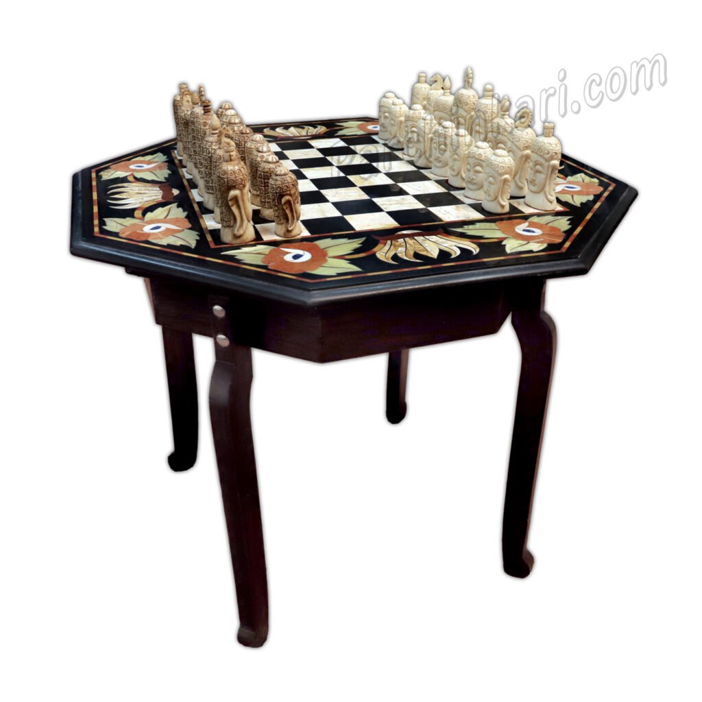 Black Marble Chess Table with Buddha Face Chess Set in Camel Bone ...