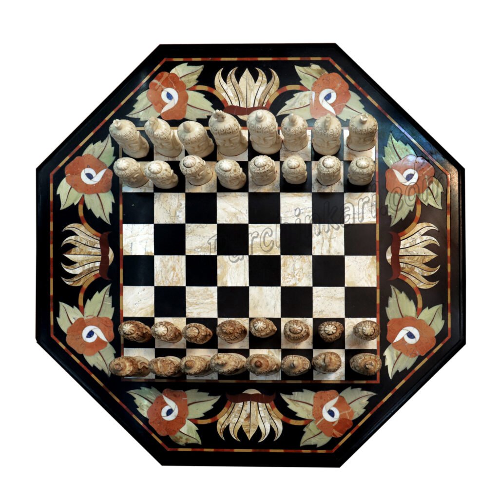 Black Marble Chess Table with Buddha Face Chess Set in Camel Bone ...