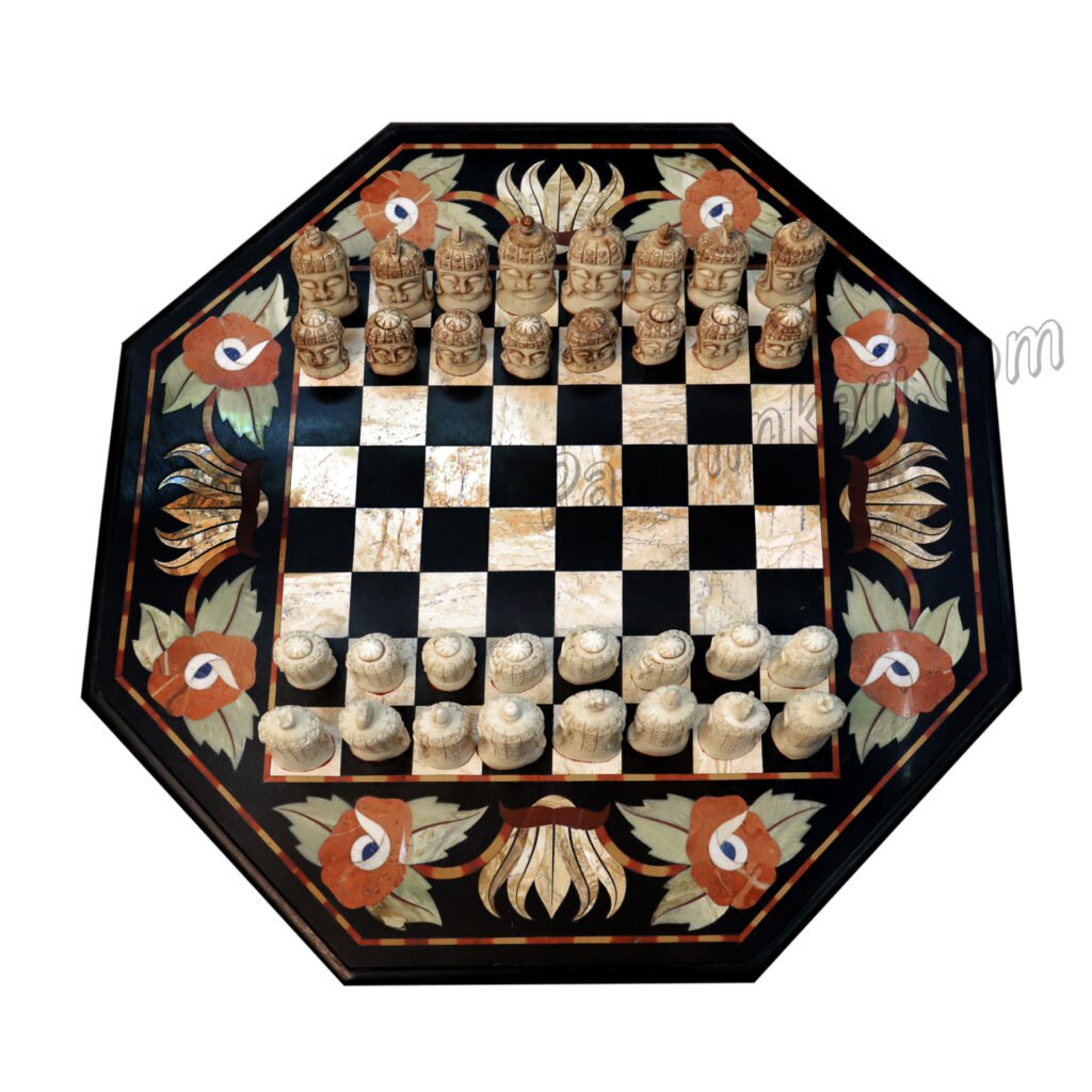 Black Marble Chess Table with Buddha Face Chess Set in Camel Bone ...