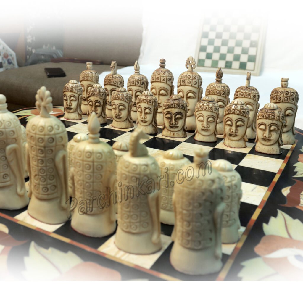 Black Marble Chess Table with Buddha Face Chess Set in Camel Bone ...