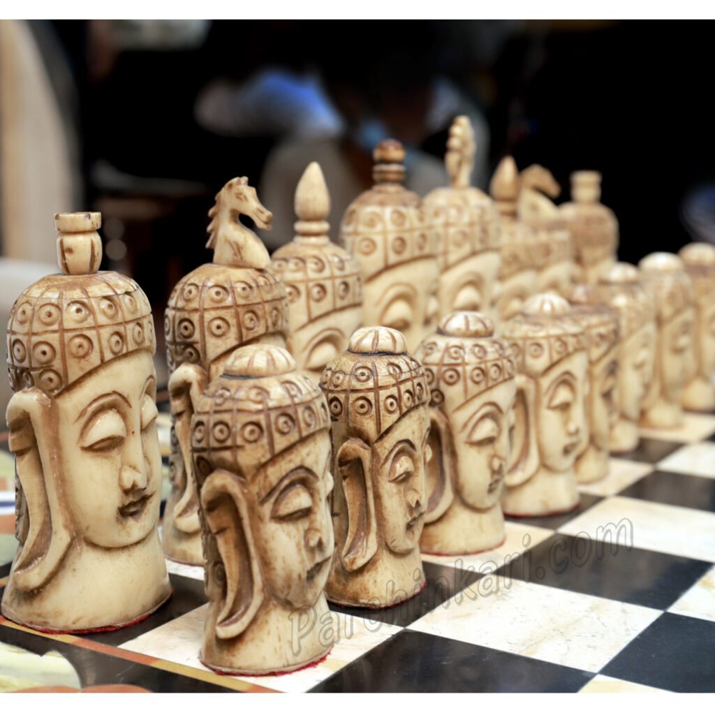 Black Marble Chess Table with Buddha Face Chess Set in Camel Bone ...