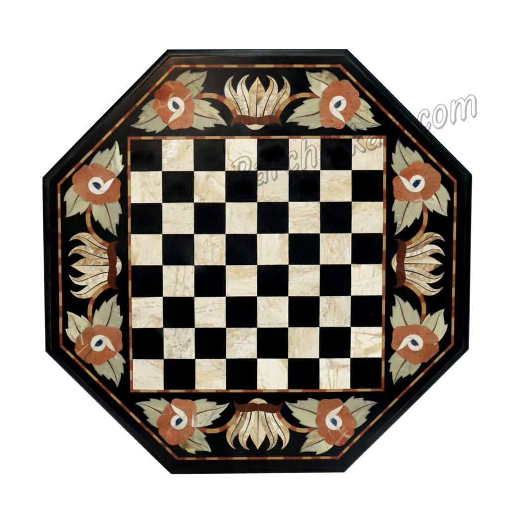 Black Marble Chess Table with Buddha Face Chess Set in Camel Bone ...