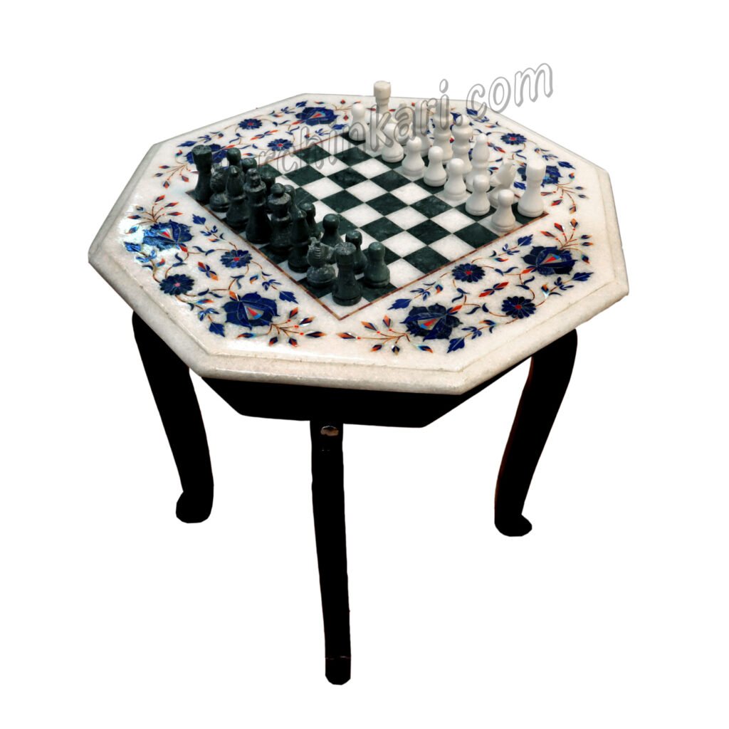 Marble Chess Tables with Flower Inlaid with Handcrafted Chess Pieces