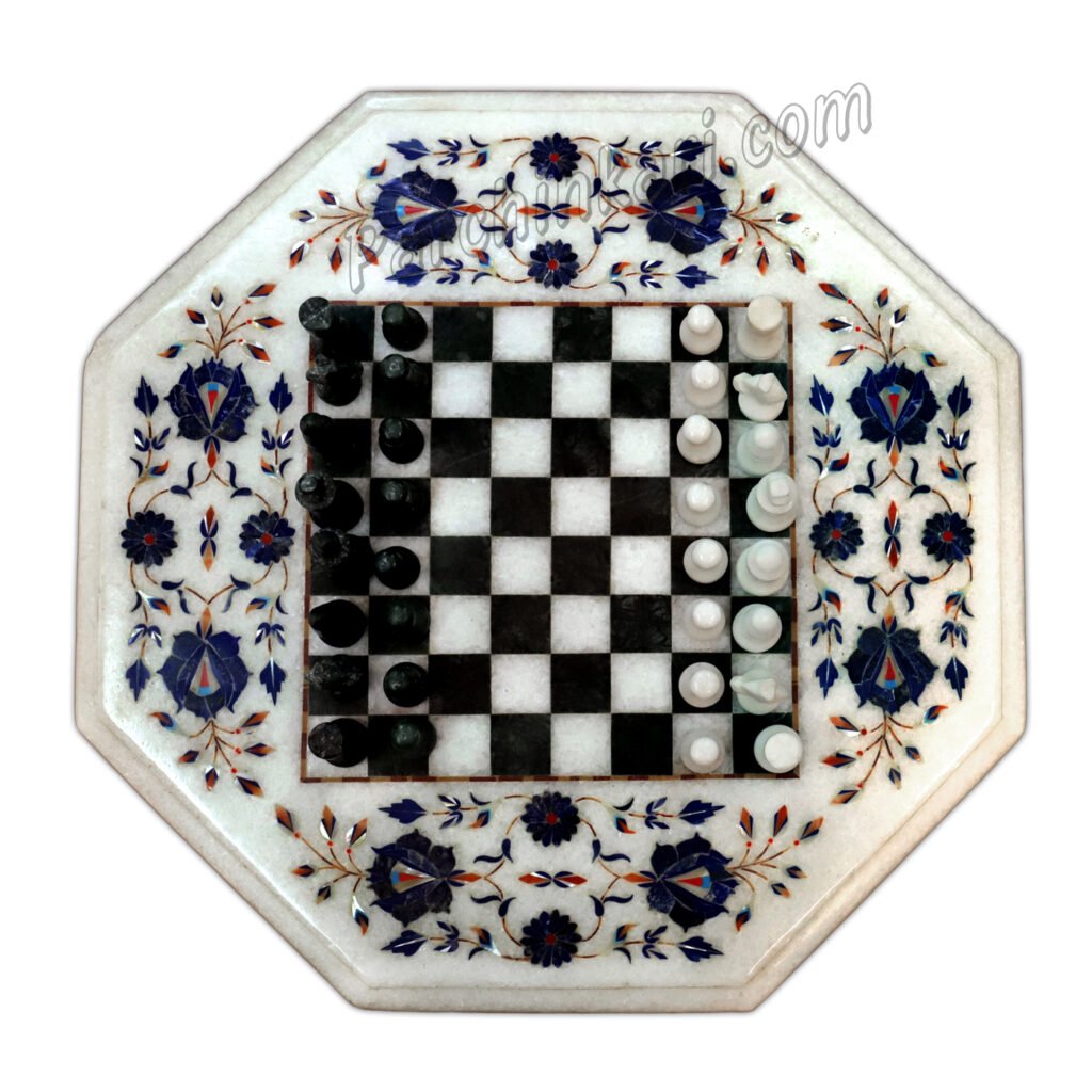 Marble Chess Tables with Flower Inlaid with Handcrafted Chess Pieces
