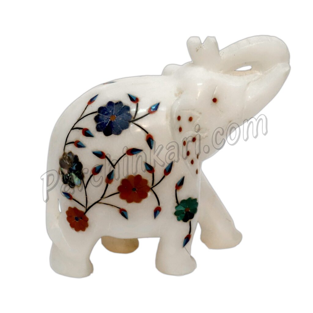 Alabaster Elephant Figure with Flowers inlaid with Semi Precious Stone