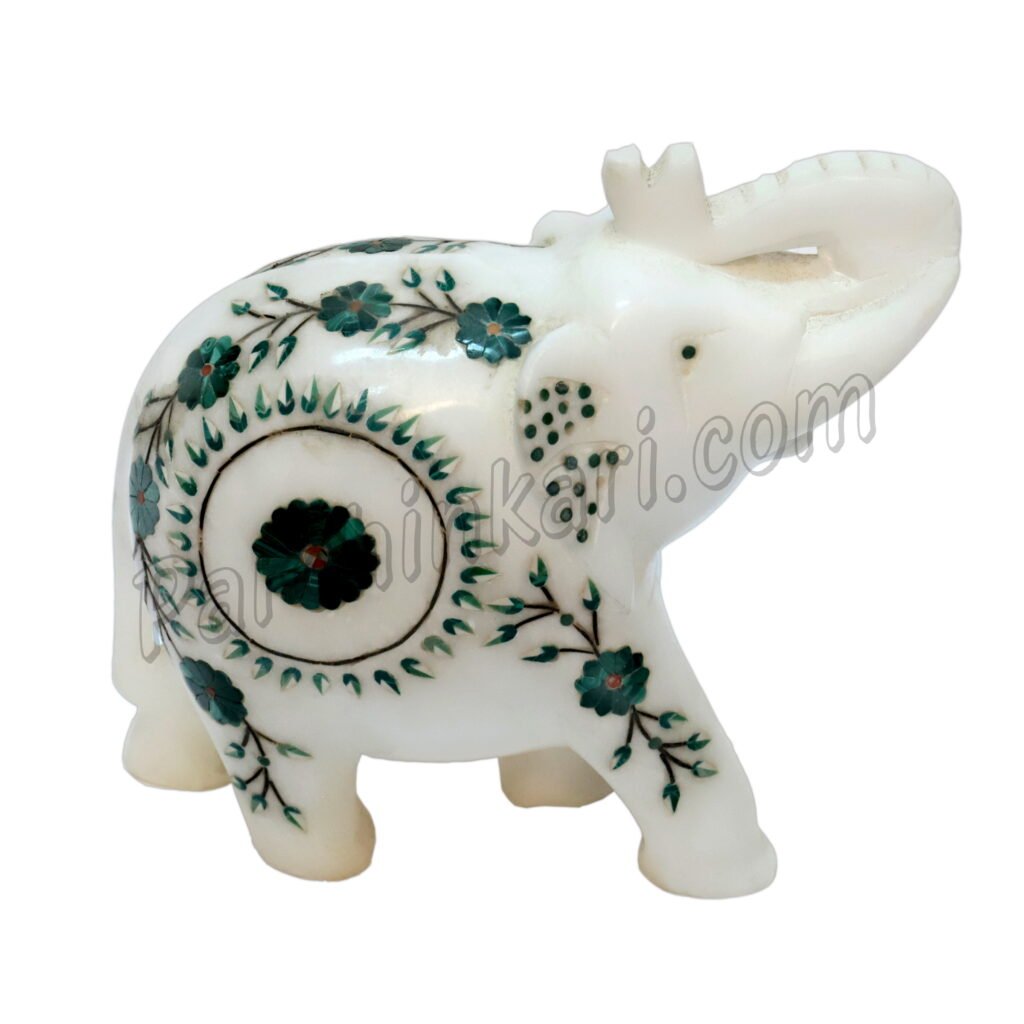 Alabaster Elephant figure with Trunk up for X'Mas Gifts with Flower Inlaid