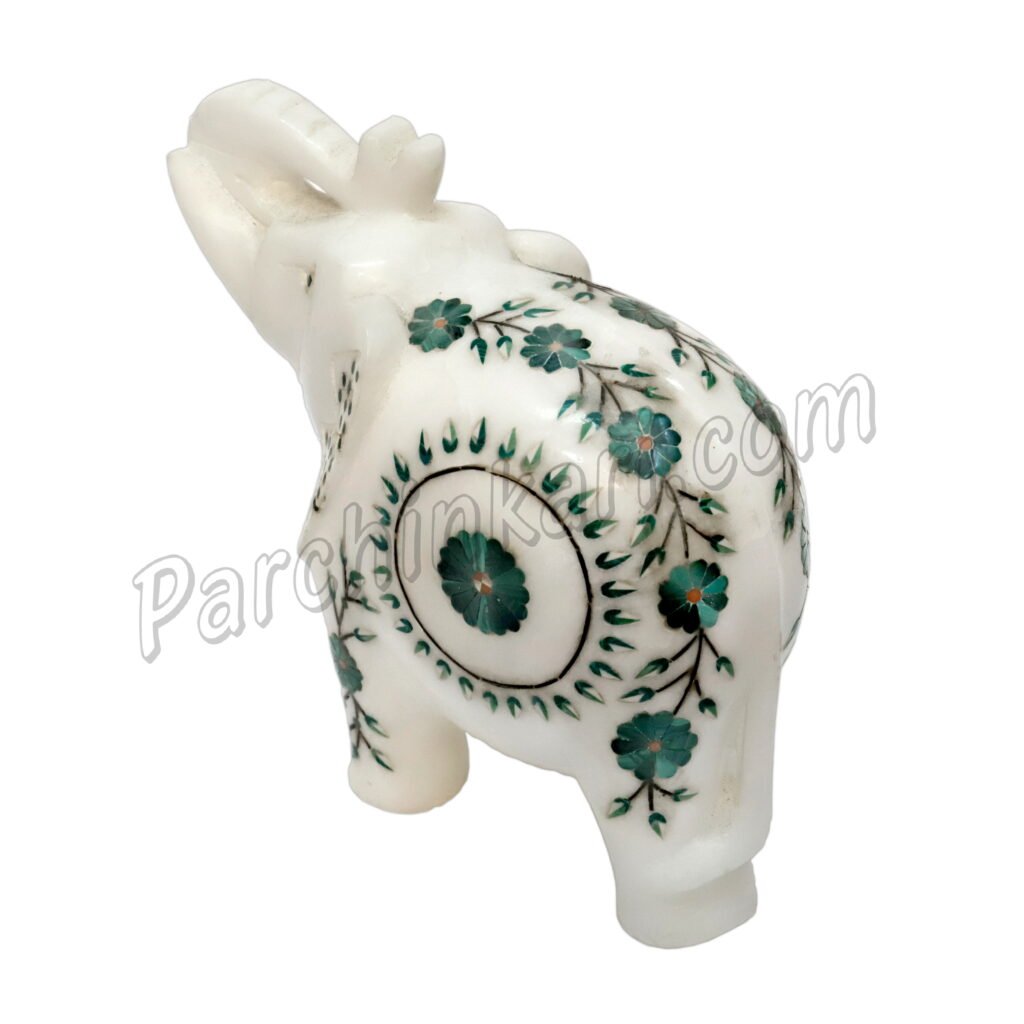 Alabaster Elephant figure with Trunk up for X'Mas Gifts with Flower Inlaid
