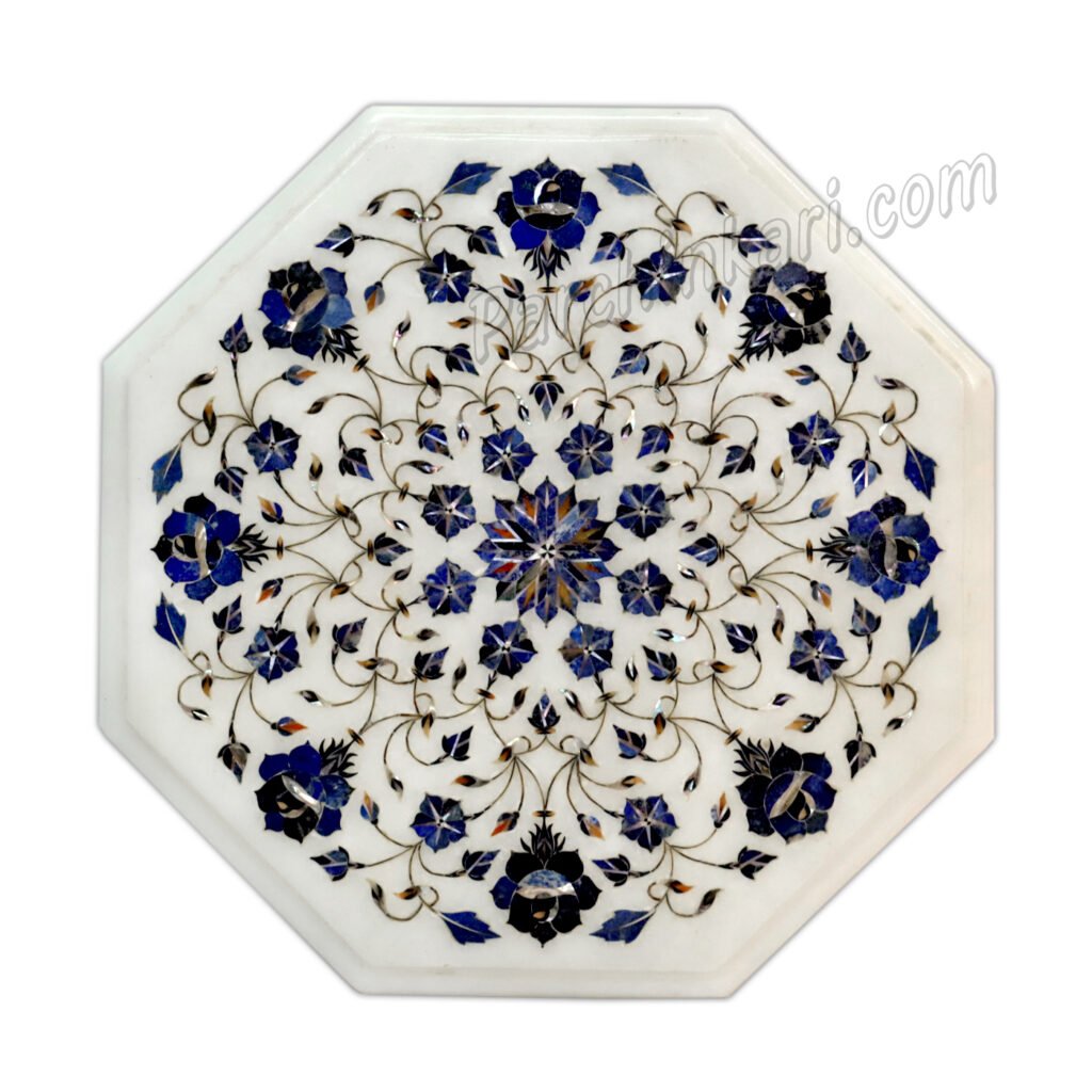Patio Table Top in White Marble Inlay Art with Flower Inlaid as Parchinkari