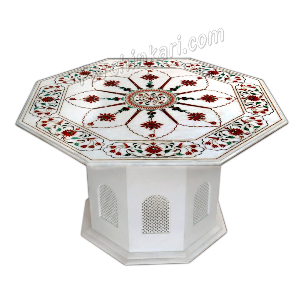 Taj Mahal Design Coffee Table Top in White Marble Inlay Art for Decor Art